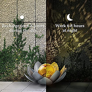 Huaxu Solar Lights Outdoor Garden Decor , Amber Crackle Globe Glass Lotus Decoration,Waterproof Gray Metal Flower Light for Patio,Lawn,Walkway,Tabletop,Ground