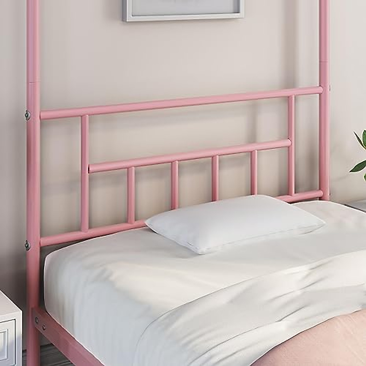 Yaheetech Twin Canopy Bed Frames Metal Platform Bed Frame Four-Poster Canopied Bed Mattress Foundation with Headboard and Footboard Sturdy Slatted Structure Easy Assembly No Box Spring Needed Pink