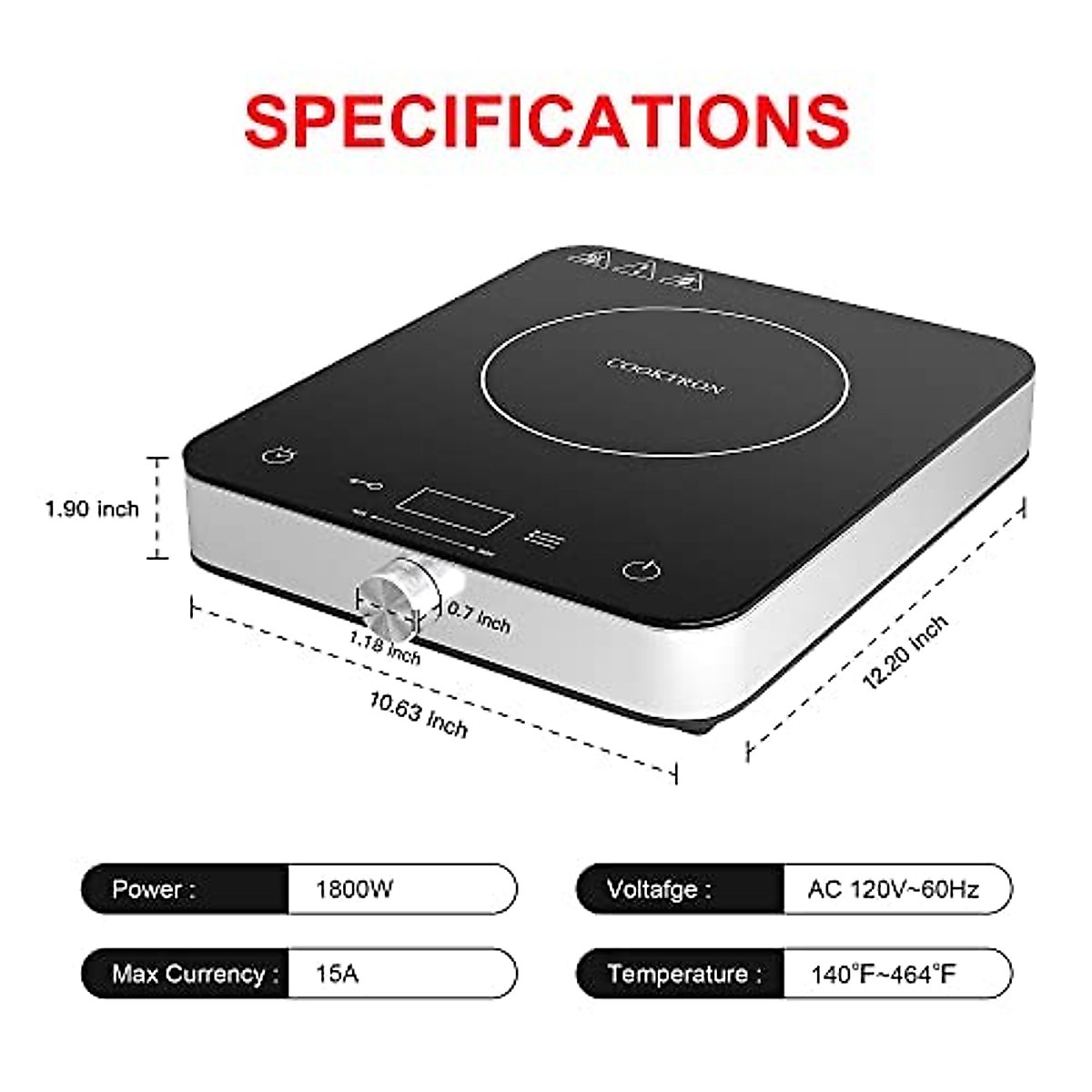 COOKTRON 1800W Single Countertop Portable Induction Cooktop, Temperature Controls, Electric Hot Burner with Timer, Safety Lock, Easy to Clean, Knob, black (AAMUS-CT-FS-IC321-3)