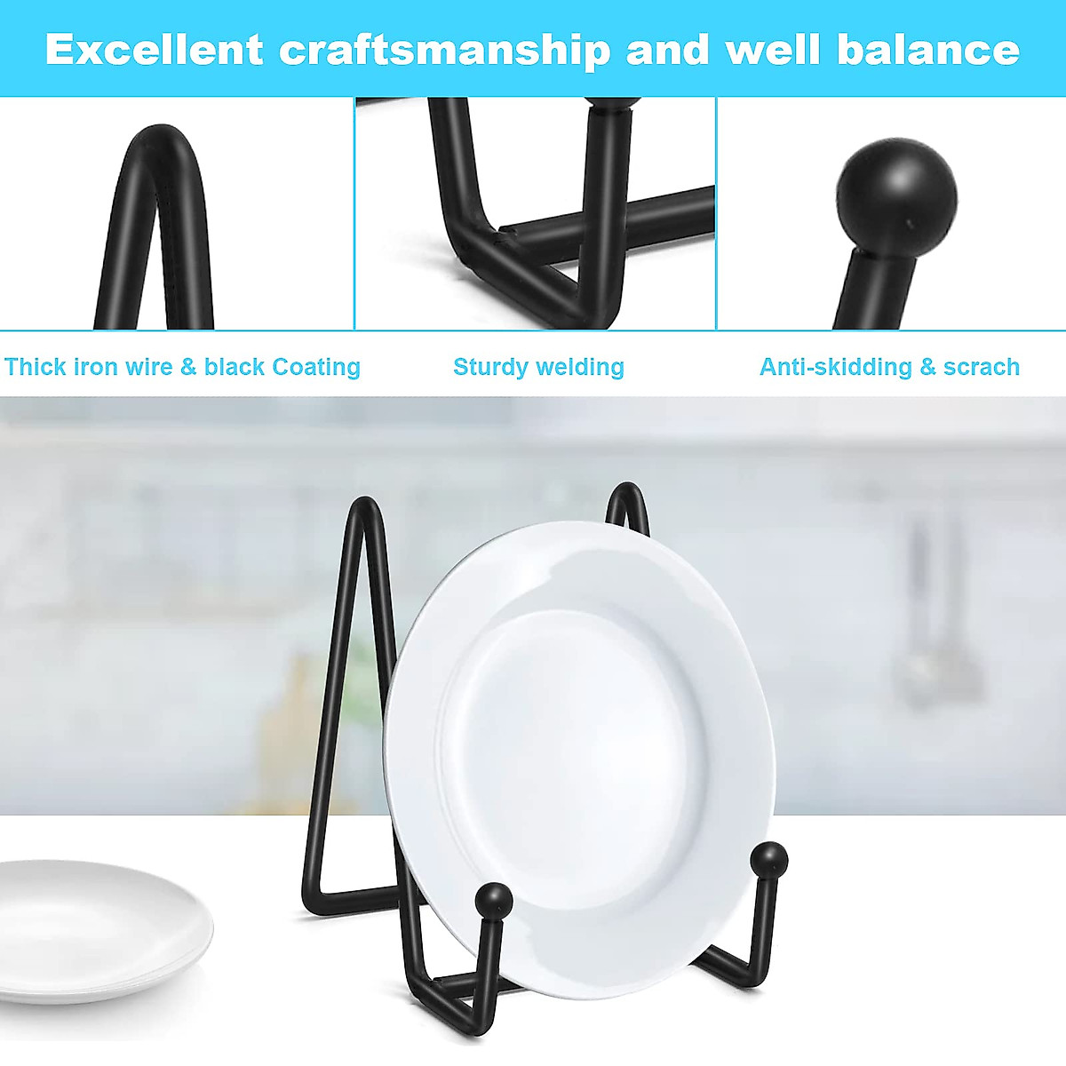 Ouskr 4 Pcs 4-1/4 Inch Plate Stands for Display, Metal Iron Picture Frame Holders Stand for Book Photo Small Easels Plaque Dish Art Tabletop Decorative Black