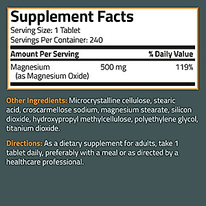 Bronson Magnesium 500 MG Supports Bone & Muscle Health & Nervous System Support - Non-GMO, 240 Vegetarian Tablets