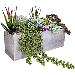 Supla Artificial Potted Succulents Plants Arrangement Fake Succulent Plants in Rectangular Wooden Pot Arrangement for Table Centerpiece Windowsill Greenery Decor