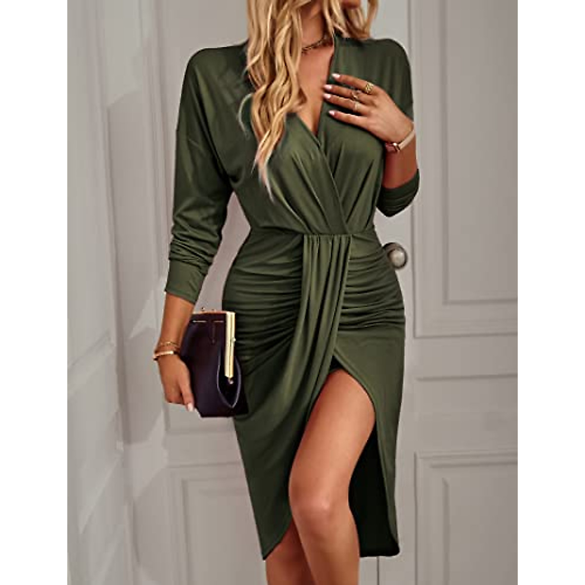 KOJOOIN Women's Long Sleeve Wrap V Neck Ruched Bodycon Dress High Empire Waist Slit Hem Sexy Cocktail Party Midi Dress Army Green XL