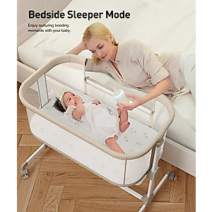 Fodoss Baby Bassinets Bedside Sleeper - All Mesh Bedside Bassinet with Wheels, 7 Height Adjustable Baby Bassinet for Infants, Beige