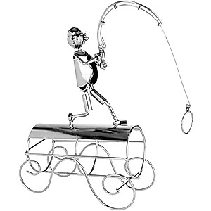 BRUBAKER Wine Bottle Holder 'Fisherman Catching Fish' - Table Top Metal Sculpture - with Greeting Card