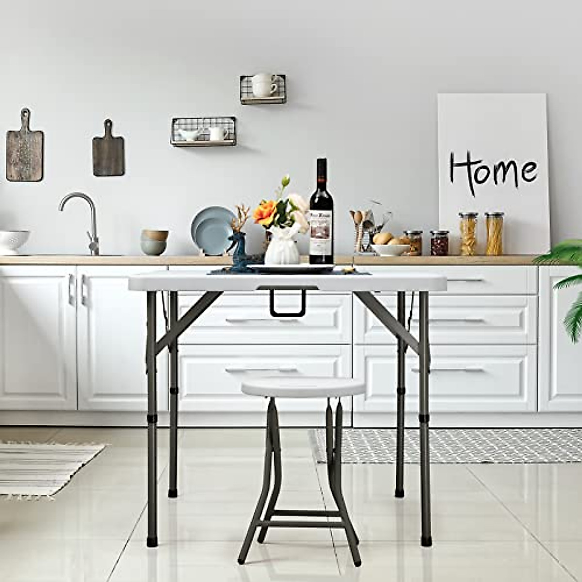 ALIMORDEN 2.85ft Square Bi-Folding Table, 34" Portable Plastic Dining Table, Event Commercial Table, Indoor&Outdoor Heavy Duty Trestle Table for Wedding, Party, BBQ, Garden, Patio, White Granite