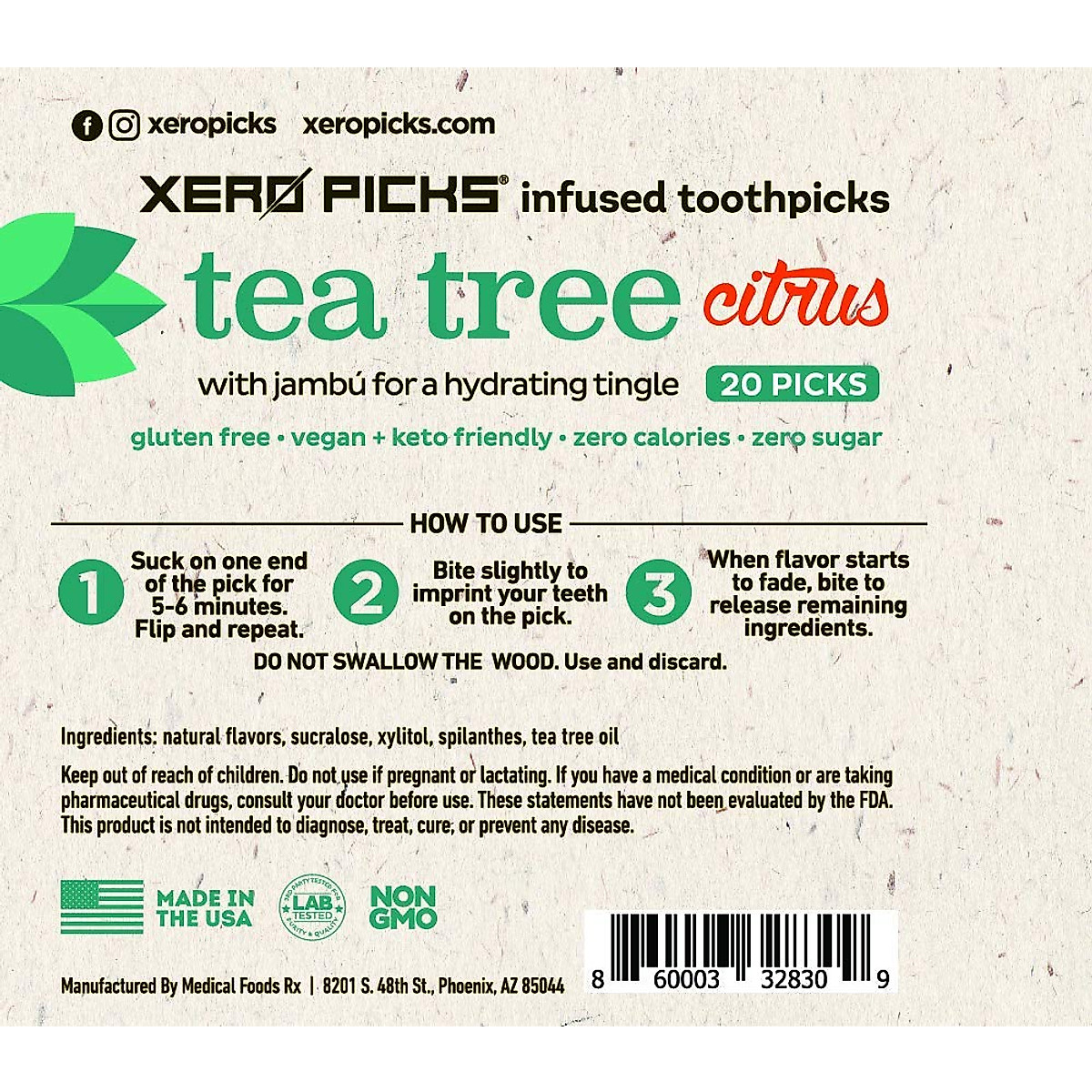 Xero Picks Tea Tree - Infused Flavored Toothpicks For Long Lasting Fresh Breath & Dry Mouth Prevention - 60 Picks - 3 Pack - Citrus