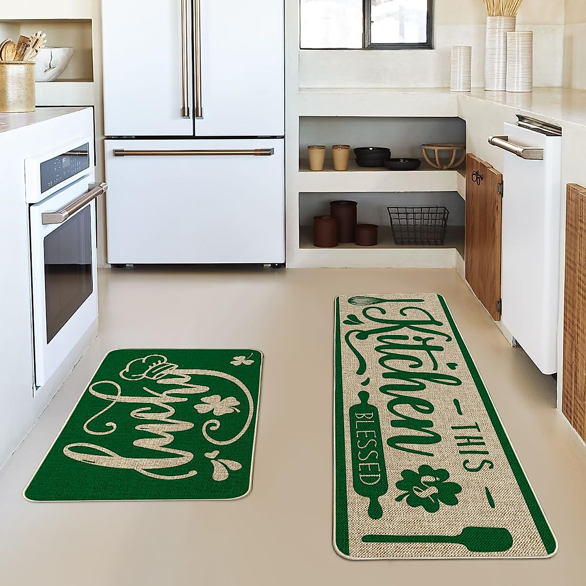 Artoid Mode This Kitchen is Blessed Luck Clover Shamrock Decorative Kitchen Mats Set of 2, Home Party Home Kitchen Rugs - 17x29 and 17x47 Inch