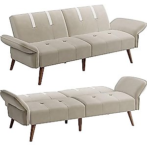 Shintenchi Futon Sofa Bed Modern Folding Sleeper Couch Bed for Living Room,Velvet Loveseat Sofa Couch Sofa Cama for Apartments Office Small Spaces,w/Adjustable Armrests Backrest,White