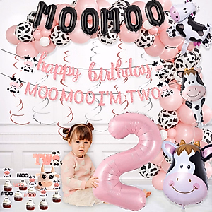 134 PCs Moo Moo I’m Two Birthday Decorations, Fiesec Cow 2nd Birthday Party Supplies for Girls Hanging Swirl Balloon Garland Arch Glitter Banner Cake Cupcake Topper Cow Print Pink White Black