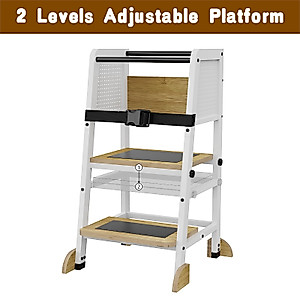 YAKANJ Toddler Standing Tower,Toddler Kitchen Stool Helper,Step Stool for Toddler Kids,Wooden Standing Tower with Adjustable Height,Anti-Slip Protection,Safety Belt-Wood