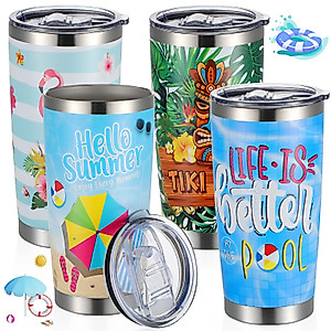 4 Pieces Summer Hawaii Beach Tumbler Cups 20oz Insulated Stainless Steel Travel Mug Tumblers with Lid Tropical Flamingo Vacuum Wine Cup Vacation Gifts Sea Beach Pool Party