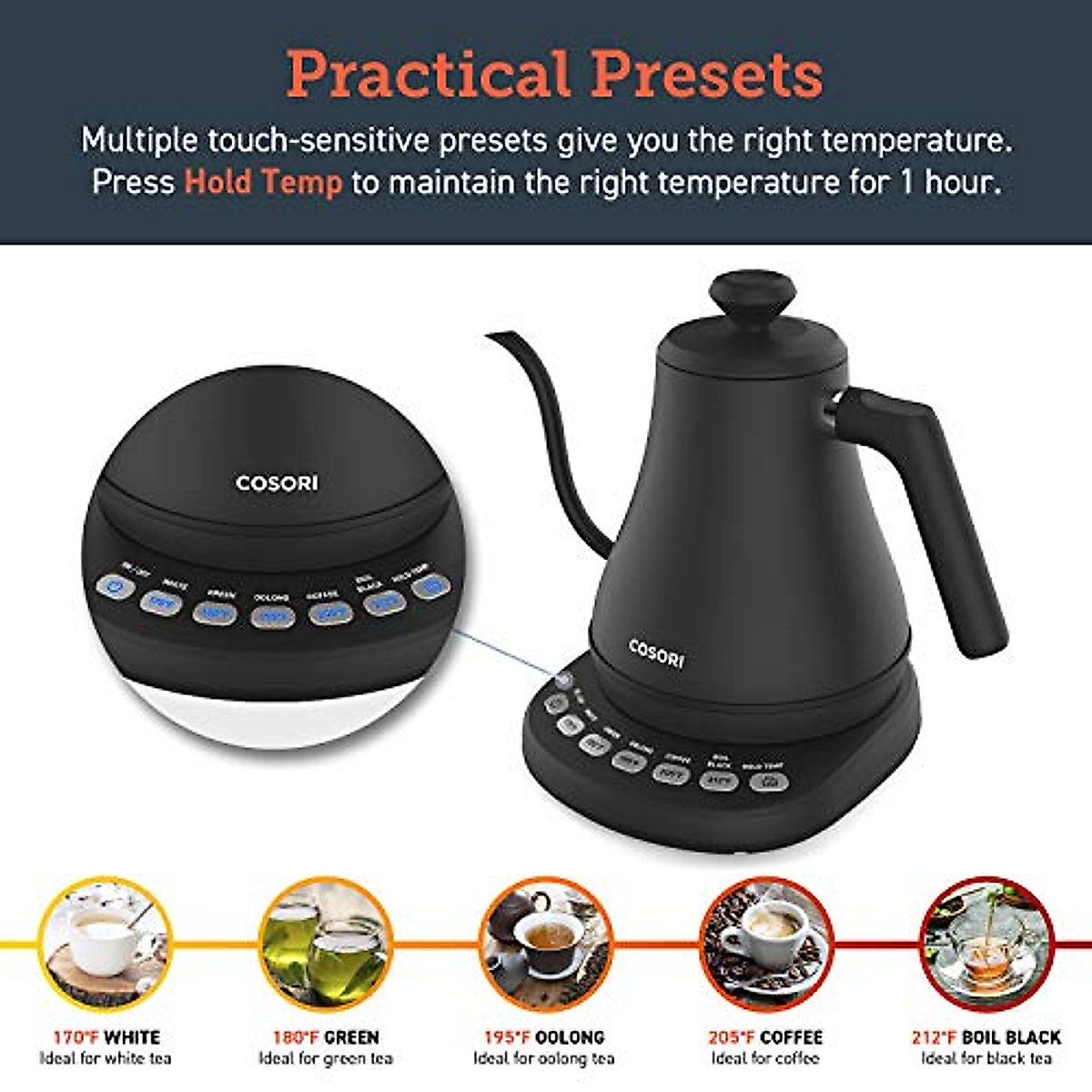 COSORI Electric Gooseneck Kettle with 5 Variable Presets, Pour Over Coffee Maker with 8 Cup Glass Coffee Pot&Coffee Brewer with Stainless Steel Filter