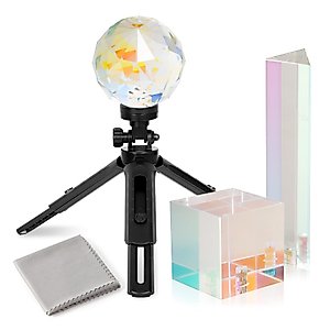 Meking 3Pcs Photography Crystal Prism with Mini Tripod, Camera Lens Optical Crystal Ball Glass, Cube and Pyramid Prism for Rainbow Effect Make Teaching Light Spectrum Physics