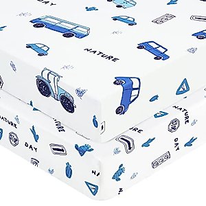 PHF Soft Car Crib Sheet Fitted, 2 Pack Silky Comfy Breathable Baby Sheets for Boys Girls，28x52x9in Fits Standard Crib and Toddler Mattresses, Cars