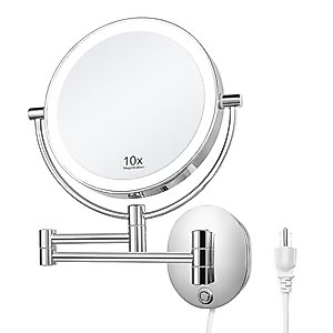 KEDSUM Wall Mounted Makeup Mirror, 1X /10X Magnifying Mirror, 8" Double-Sided Magnifying Makeup Mirror with Dimmable 3 Color, Extendable Bathroom Makeup Mirror with Wall Mount, Chrome