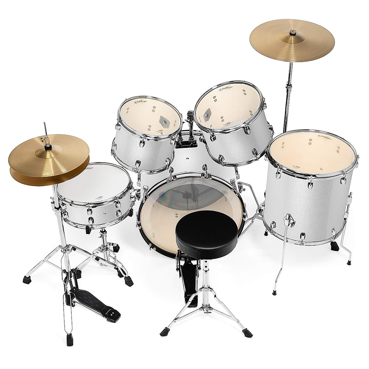 Ashthorpe 5-Piece Full Size Adult Drum Set with Remo Heads & Premium Brass Cymbals - Complete Professional Percussion Kit with Chrome Hardware - Silver