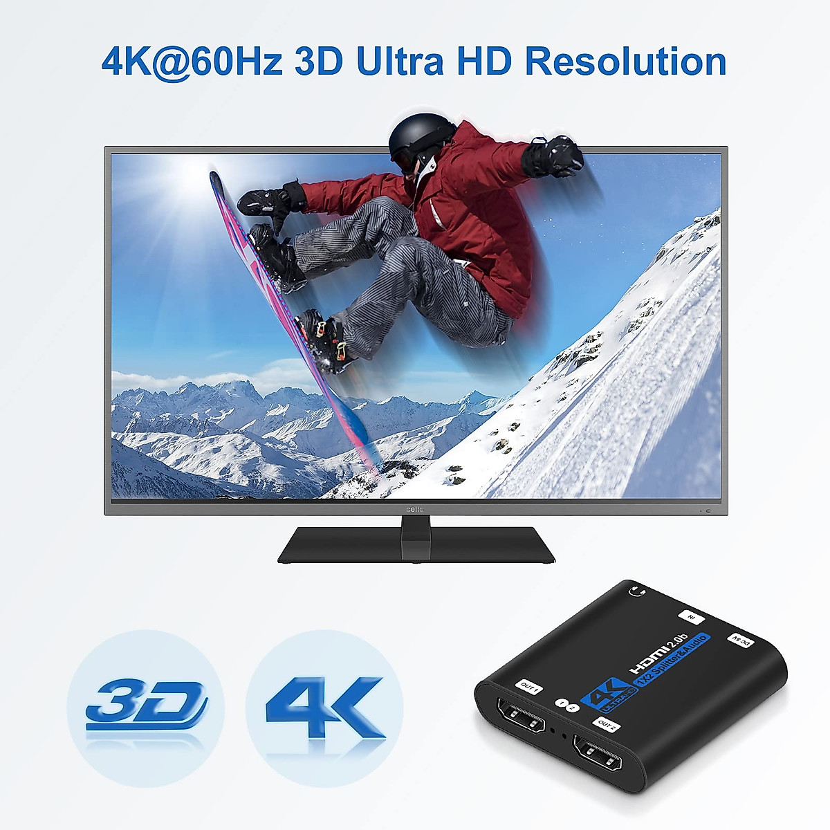 4K@60Hz HDMI Splitter 1x2, HDMI Splitter 1 in 2 Out for Dual Monitor, Supports Auto Scaling, HDCP 2.2, HDMI 2.0b, RGB 8:8:8, HDR 10, 3D for Xbox PS4/5 Fire Stick Cable Box(HDMI Cable NOT Include)