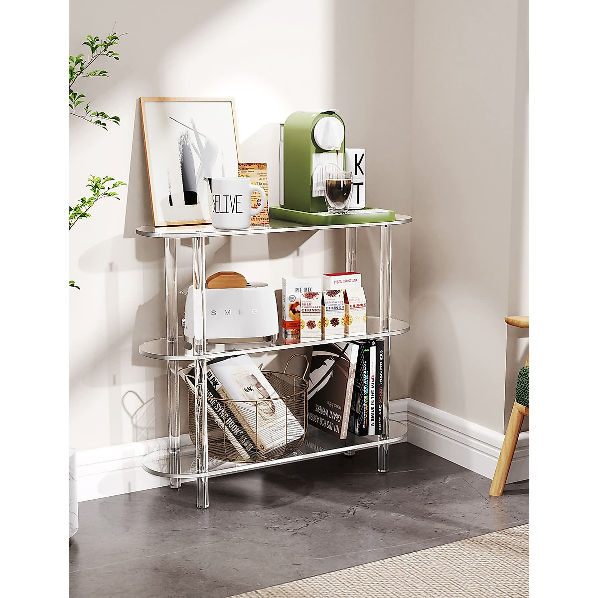 solaround Clear Bookshelf, Acrylic Bookcase with Open Book Shelf Console Table for Entryway Office Living Room Bedroom (3 Tier Clear)