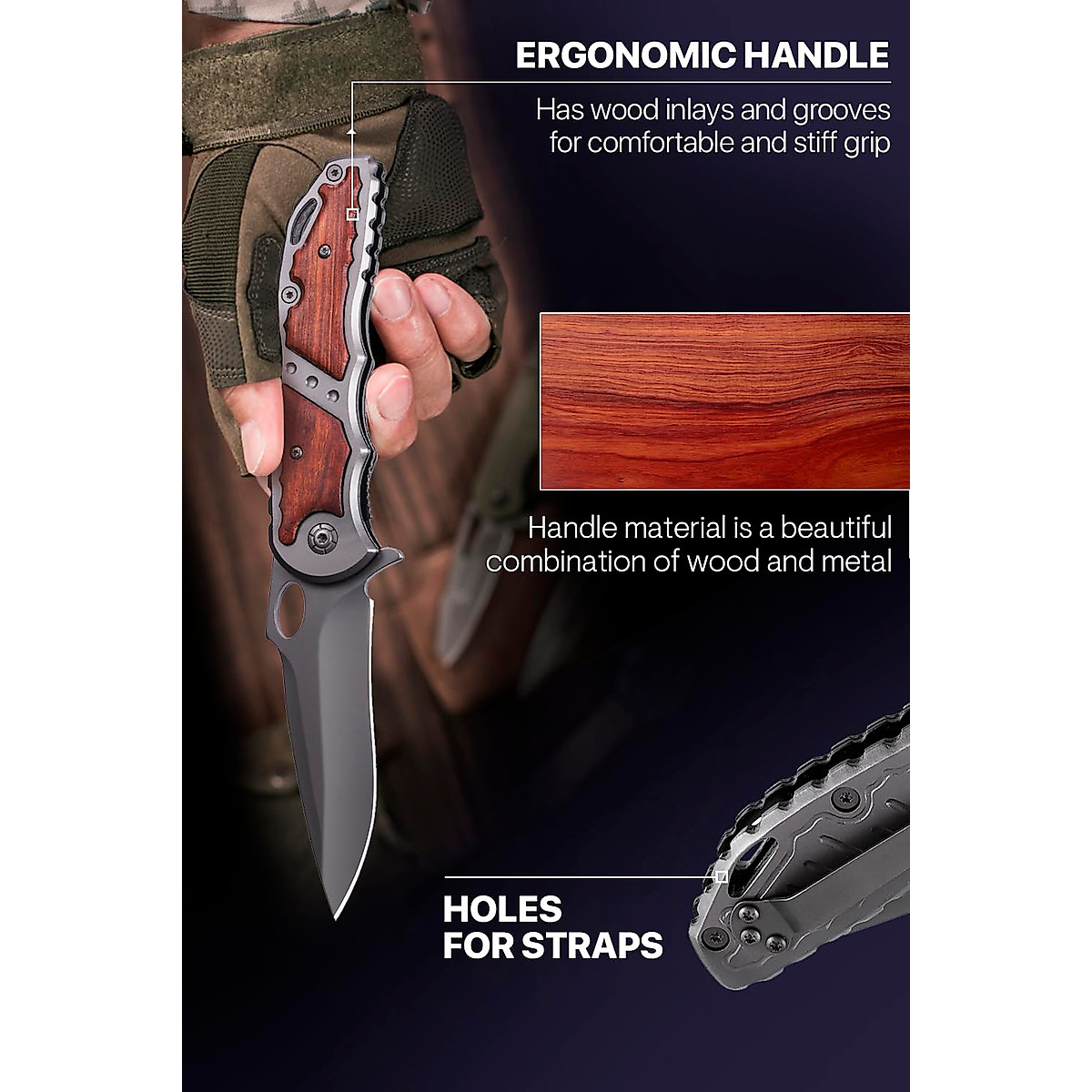 Grand Way Spring Assisted Knife - 5Cr15MoV Sharp Folding Blade - Pocket Knife with Wood Handle - Best Durable Tool for EDC Camping Survival Work - Mens Gifts Idea for Dad Husband Boyfriend 97010