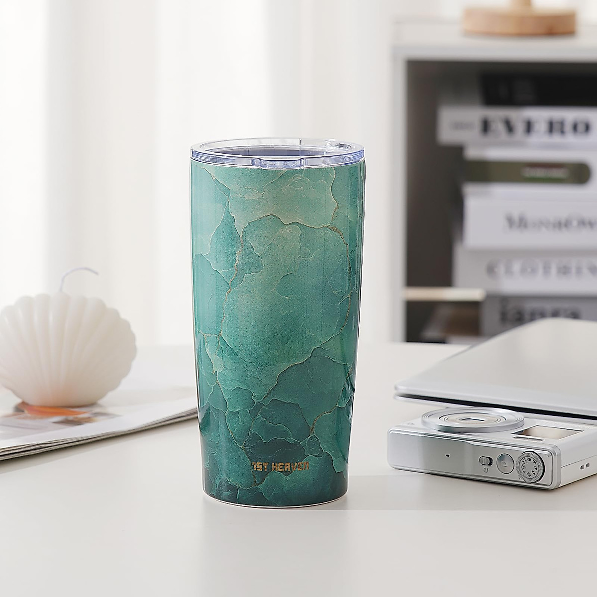 1st Heaven Coffee Tumbler, Insulated Coffee Mug with Lid, Travel Mug, 20oz Tumbler, Stainless Steel Cup for Outdoor Use (Green Stone)