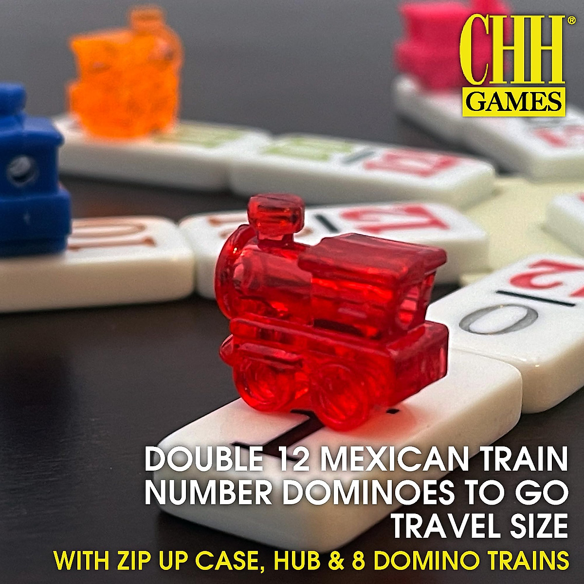 Double 12 Mexican Train Number Dominoes to Go Travel Size with Zip Up Case, Hub & 8 Domino Trains