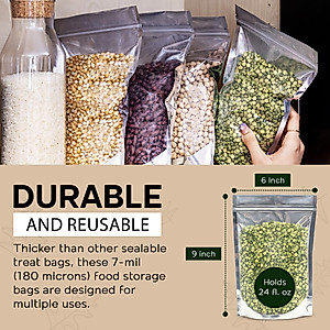 WaldOaks 150 Resealable Food Storage Bags, 6x9-inch Heat Sealable Air Tight Bags, Stand Up Zip Bags, Waterproof Packaging Barrier, 24 fl oz