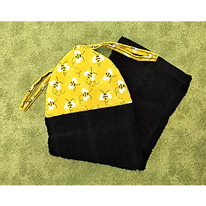 Honey Bumble Bees Black and White on Yellow Ties On Stays Put Kitchen Hanging Loop Hand Dish Kitchen Towel and Set of 2 Square Hot Pads Pot Pan Plate Holders Trivets Hostess Housewarming Gift