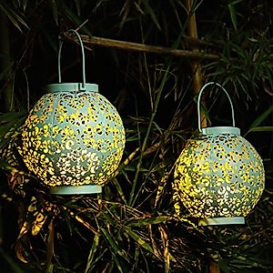 Solar Lanterns Outdoor Waterproof, 2 Pack Solar Garden Lights Outdoor Solar Hanging Lanterns, Solar Patio Lanterns Decorative Retro Metal Solar Lights for Patio Yard Pathway Walkway Party (Blue)