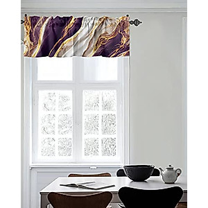 Window Curtain Valances for Kitchen Windows,Purple Gold White Marble Texture Rod Pocket Short Window Valance Natural Cracks Granite Stone Cafe Treatment Valance for Living Room/Bathroom/Bedroom