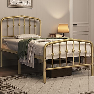 Yaheetech Twin Bed Frames Metal Platform Bed with Victorian Style Wrought Iron Headboard and Footboard/Easy Assembly/No Box Spring Needed/Antique Gold Twin Bed