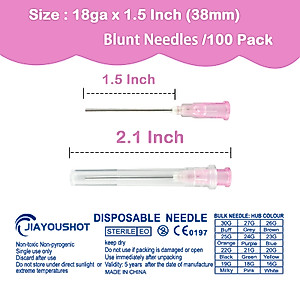 100Pack-18ga 1.5inch(38mm)Dispensing Blunt Needles,Individual Package of Injection Syringe Accessories with Luer Lock,Suitable for Refilling Liquid, Inks,Livestock and Industry
