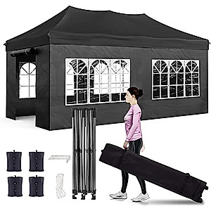JOINATRE S-69 10'x20' Heavy Duty Pop Up Canopy Tent, Commercial Instant Canopy with Sidewalls, Outdoor Canopy Tent with 4 Sand Bags & Roller Bag, Waterproof Tent for Patio, Backyard, Garden, Black