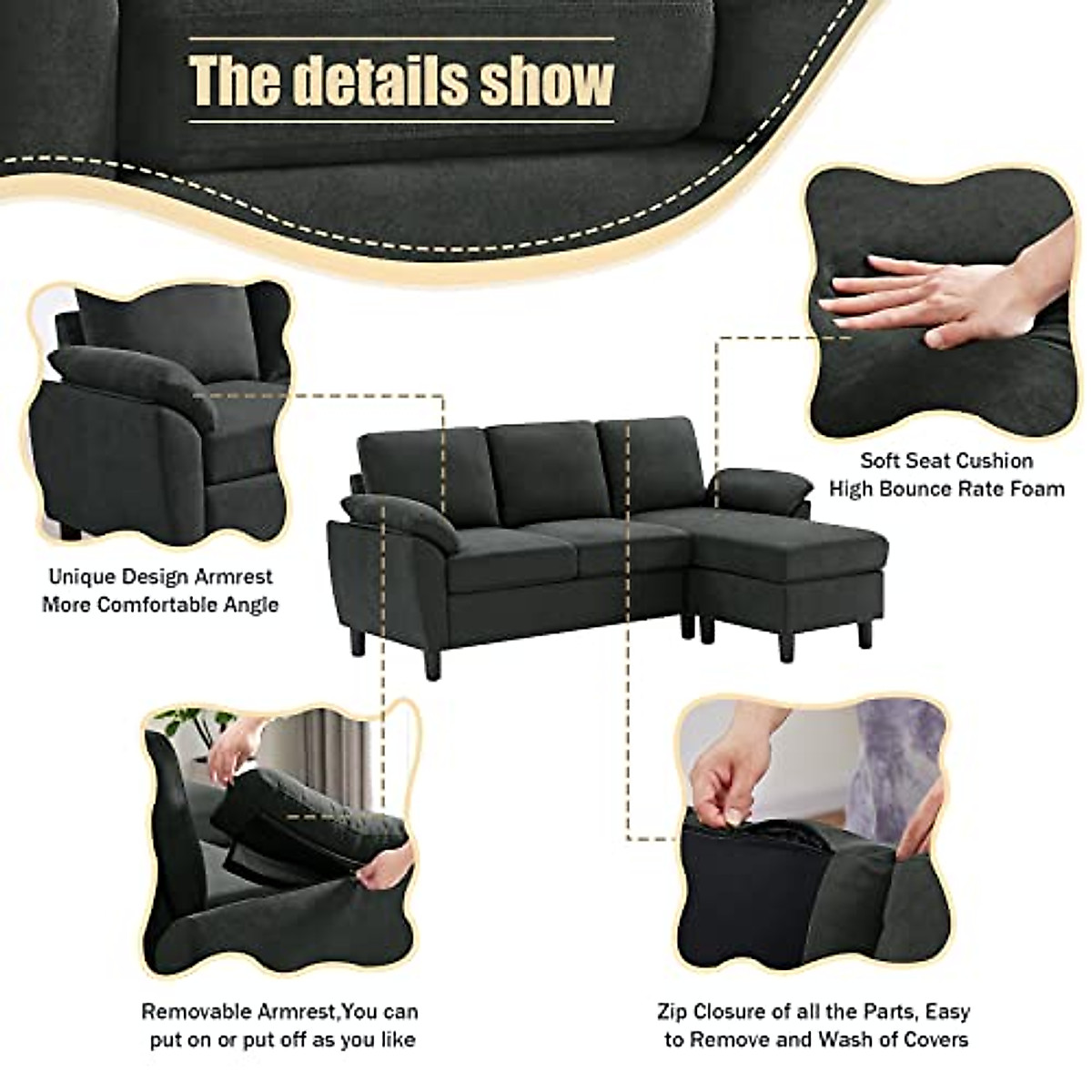 Tornama 79" Convertible Sectional Sofa, Modern Linen Fabric L Shaped Couch, 3 Seater Couches with Reversible Chaise for Living Room, Apartment and Small Spaces(Black)