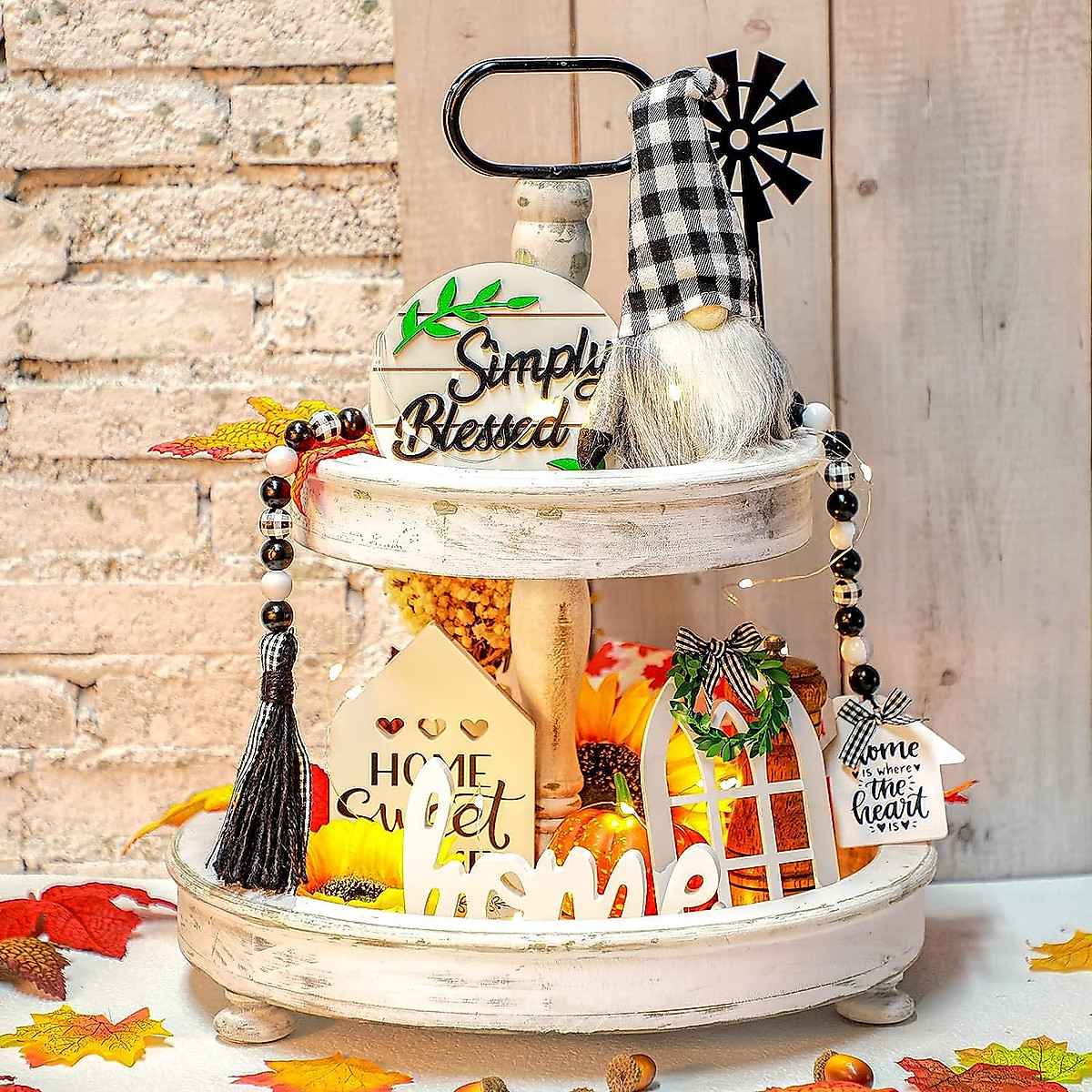 Qvutkve Tiered Tray Decor 16 Pcs, Farmhouse Decor Set, Stereoscopic Exquisite Relief Design Sign Rustic Table Ornaments for Kitchen Table Decoration, Gift