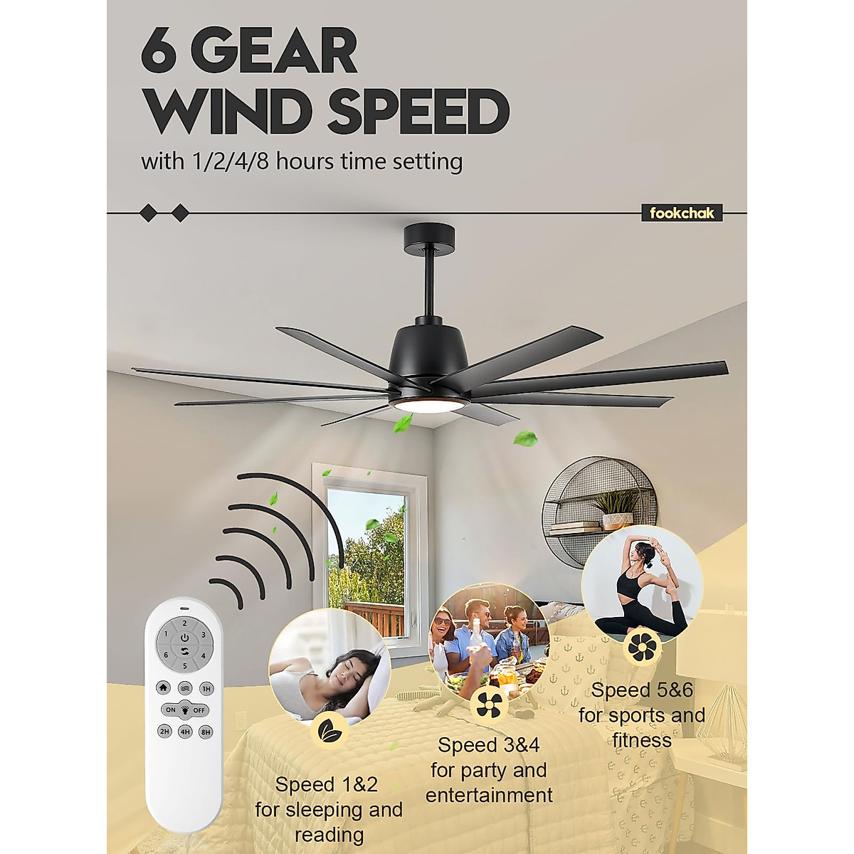 FookChak 65in Black Large Ceiling Fan with Lights 8-Blade Remote Control Outdoor Fan Light for Patio Large LED Ceiling Fan Light for Garage Gym Room Living Room