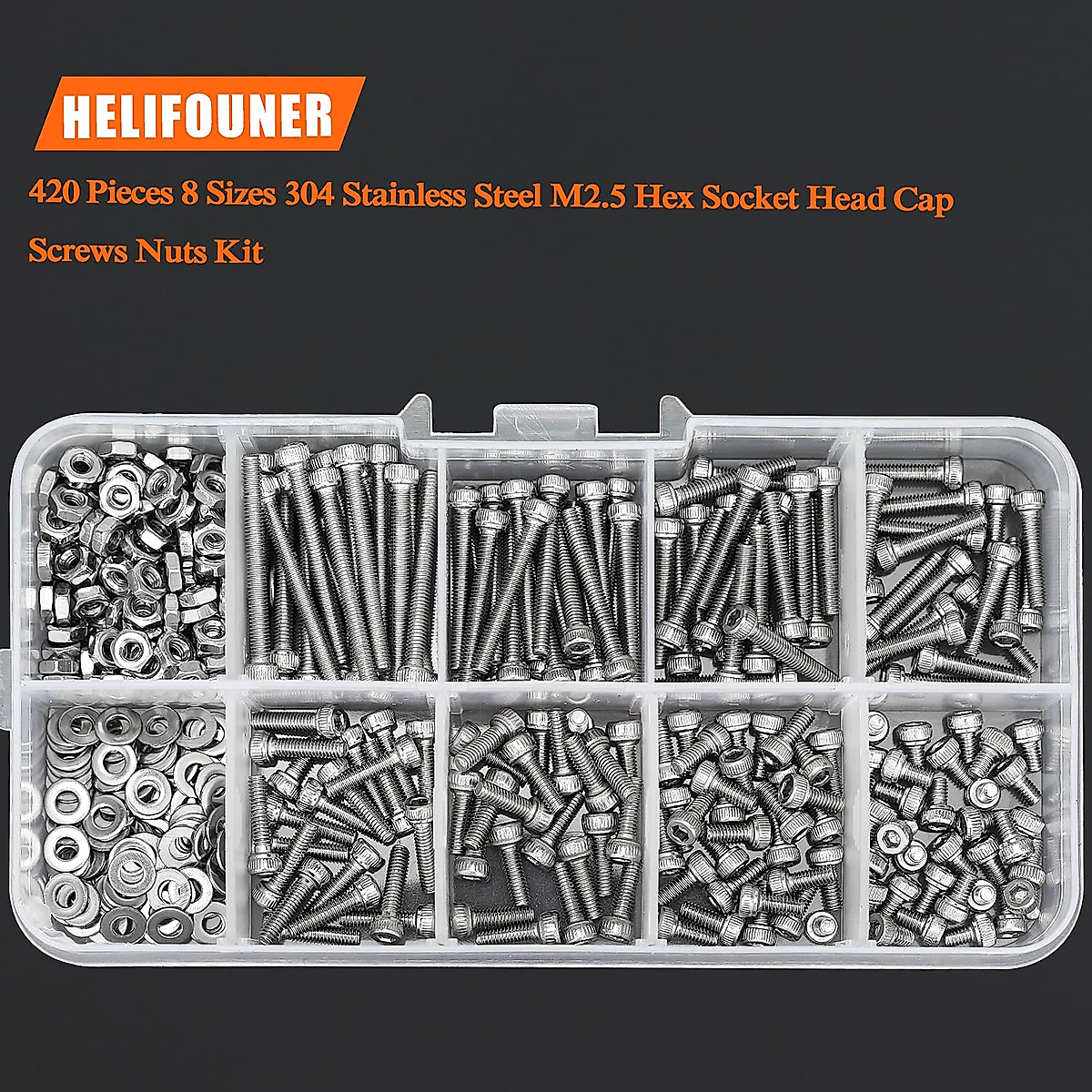 HELIFOUNER 420 Pieces M2.5 x 4mm /6mm /8mm /10mm /12mm /16mm /20mm /25mm, Hex Socket Head Cap Bolts Screws Washers Nuts Kit, 304 Stainless Steel