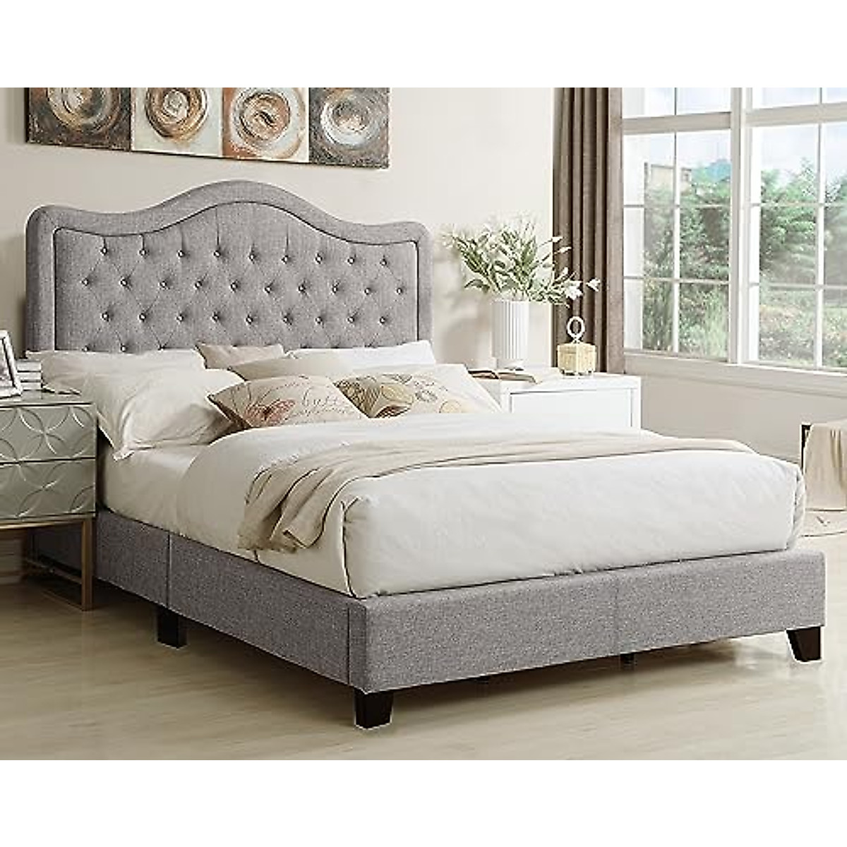 Rosevera Jardin Button Tufted Platform Bed Frame/Fabric Upholstered Bed Frame with Adjustable Headboard/Wood Slat Support, Twin, Sky Gray