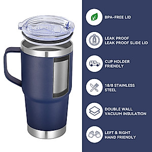 VEGOND 20 oz Tumbler with Handle Lid and Straw, Stainless Steel Insulated Travel Coffee Mug Spill Proof Double Wall Metal Tumbler Cup Keeps Drink Hot and Cold, Navy Blue 1 Pack