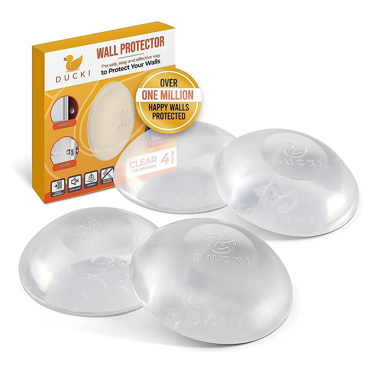 Ducki Door Stopper Wall Protector - Self Adhesive, Quiet, Reusable Shock Absorbent Gel - The Home or Office - Elegant Door Handle Silencer and Wall Protection Solution- (4pk)(Clear)
