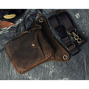 Le'aokuu Mens Genuine Leather Outdoor Sporting Hicking Waist Hip Pack Messenger Shoulder Drop Leg Thigh Bag Pouches For Women (211-5 0 Dark Brown)