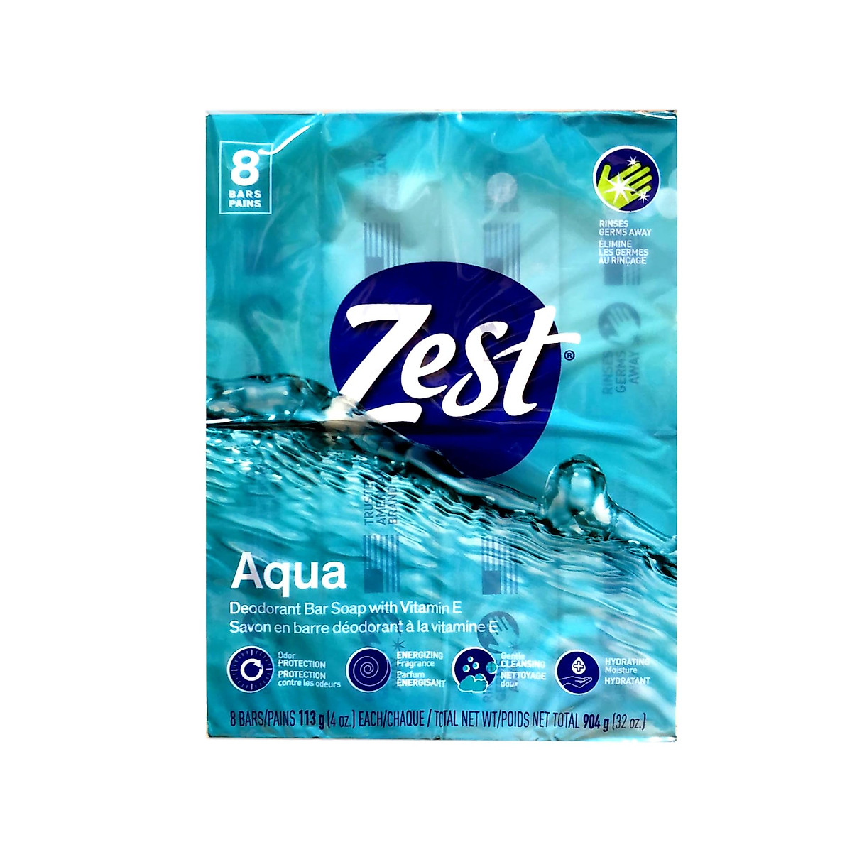 Zest Aqua Pure Cleansing Bar Soap 20% More Moisture 8 Count Pack of 2