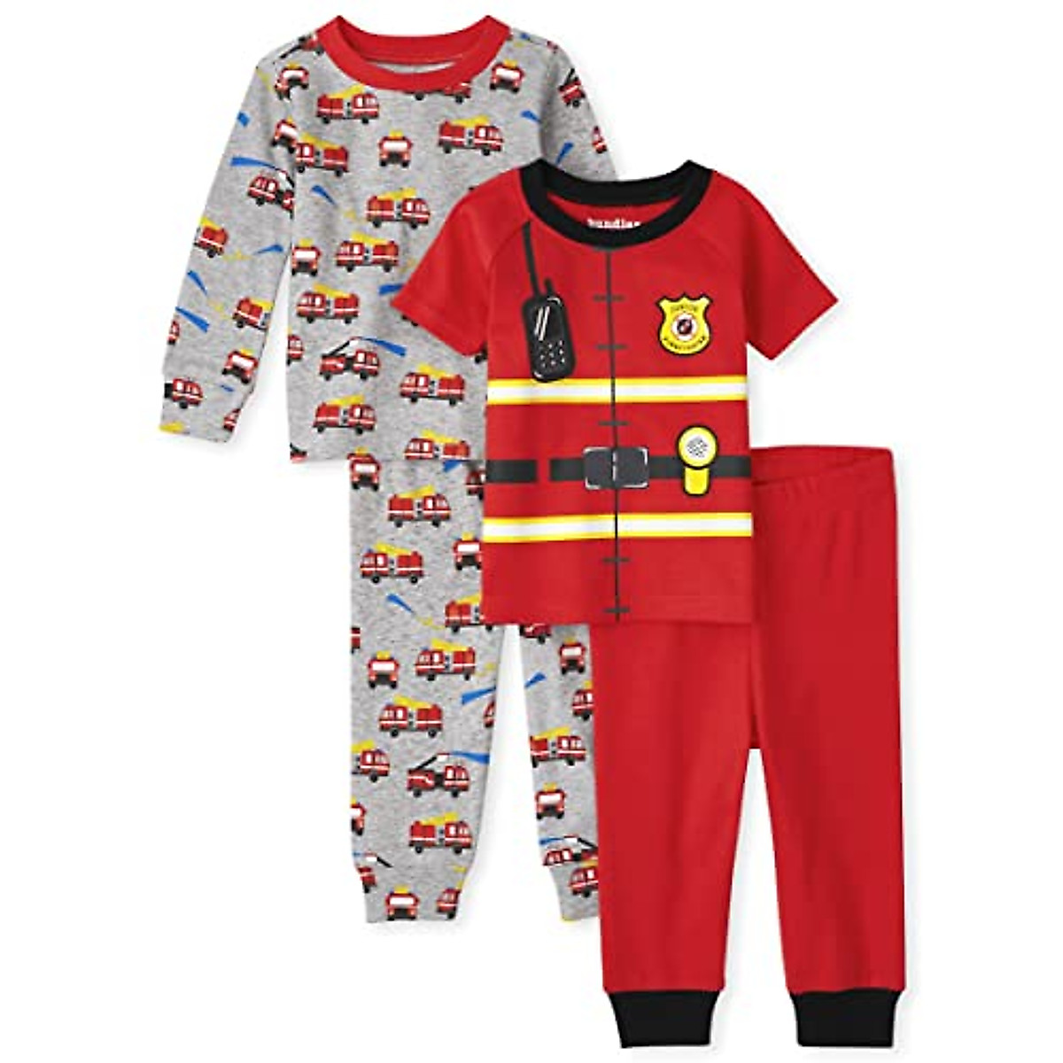 The Children's Place Baby Boys' Unisex and Toddler Snug Fit Cotton Mixed 2 Piece Pajama Sets, Firefighter/Fire Truck 2-Pack, 12-18 Months