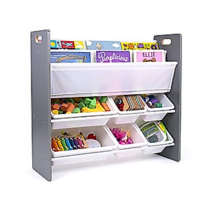 Humble Crew, Grey/White Kids Read n’ Play 6 Bin Toy Organizer and 2 Tier Bookrack