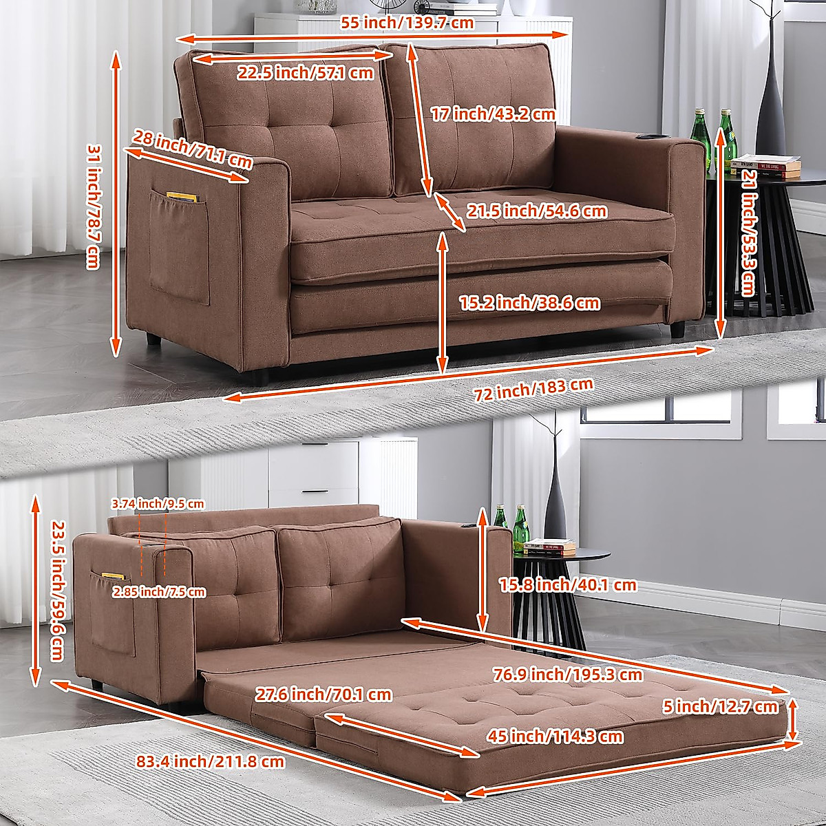Cyranture Pull Out Sleeper Loveseat Foldable Tufted 3-in-1 Upholstered Futon Sofa Bed for Living Room Convertible Floor Couch Folding Mattres Love Seat with Side Pockets Cup Holder,Brown