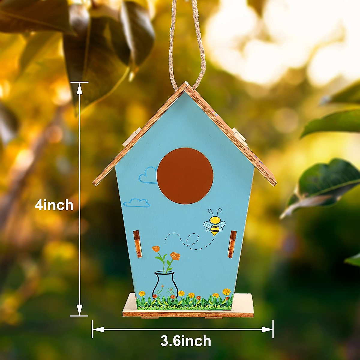 Outus Wooden DIY Craft Doodle Small Bird House Set Include Unfinished Wood Mini Bird House to Paint and Watercolor Paint Pen and 3D Butterfly Wall Sticker Decals for Kids Adults (15 Sets)