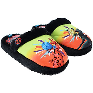 Miraculous Ladybug Girls' Slipper Scuff, Mismatch Ladybug and Cat Noir, Black/Red, Big Kid Size 3/4