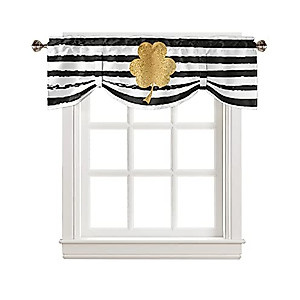 St Patrick's Gold Lucky Clover Leaves Tie Up Valance Curtain for Kitchen-Small Window Shade Valances Adjustable Rod Pocket Windows Treatment for Bathroom Black and White Stripes Line,1 Panel 42x18in