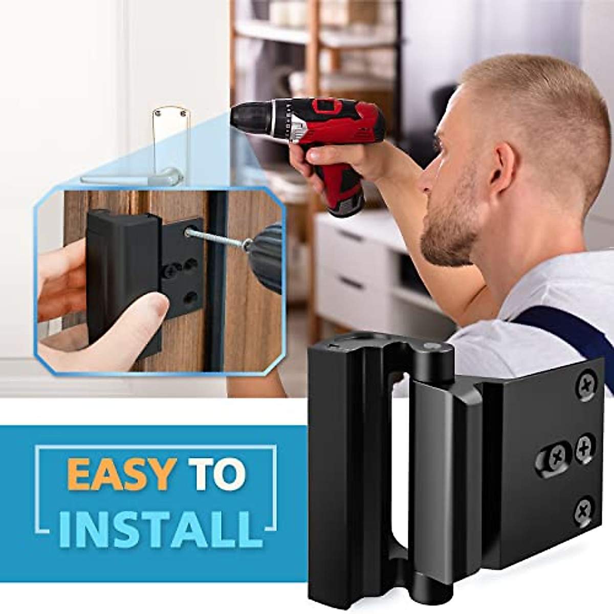 Home Security Door Lock, Upgrade Easy Open Childproof Door Reinforcement Lock with 3" Stop Withstand 800 lbs for Inward Swinging Door, Add Extra Lock to Defend Your Home Safe (Black)