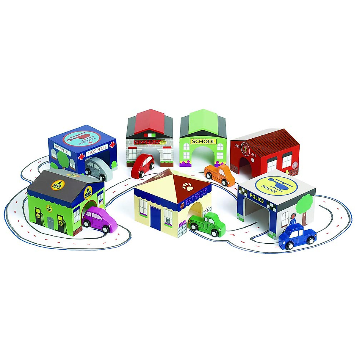 Excellerations 5.5 inches H, Wooden Town Block Play Structures, Houses, Set of 7, Preschool Educational Toy, Ages 3 Years and Up